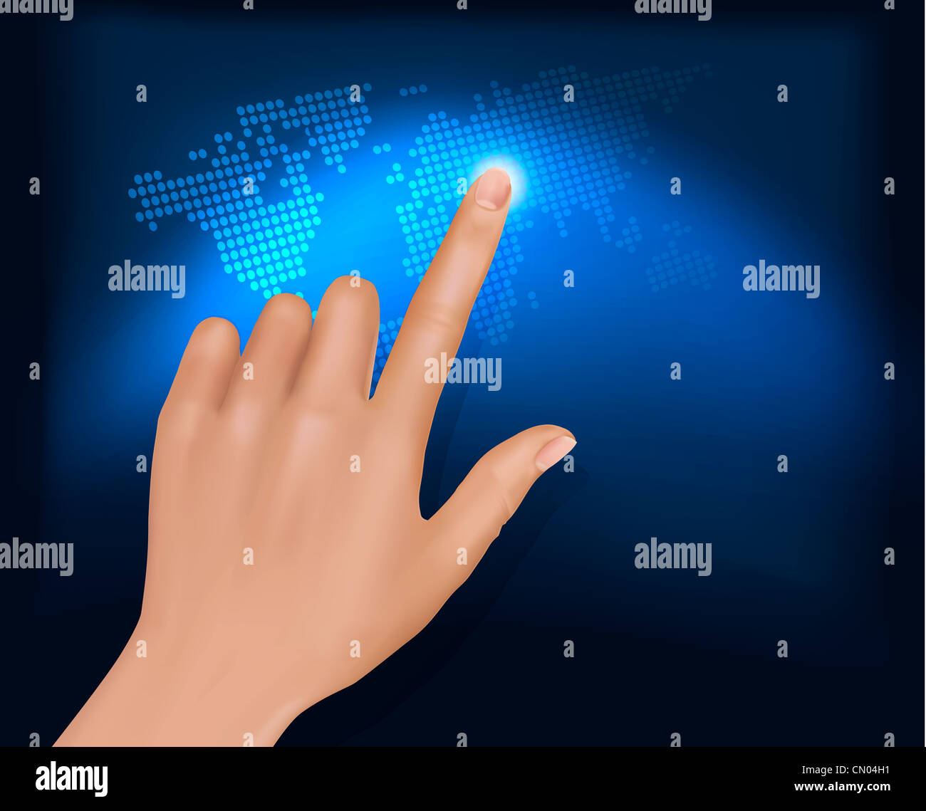 Finger touching world map on a touch screen Stock Photo - Alamy