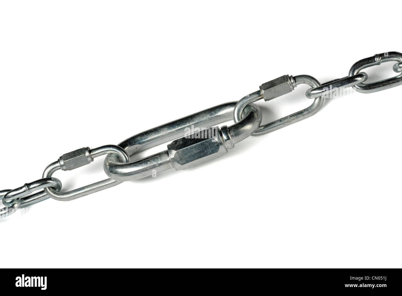 Metal chains linked by connectors isolated over white background Stock ...