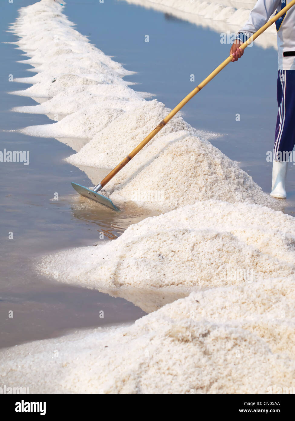 Farmer raking in the salt field Stock Photo - Alamy