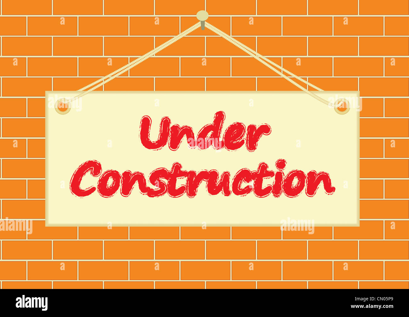 under construction board on a brick wall illustration Stock Photo - Alamy