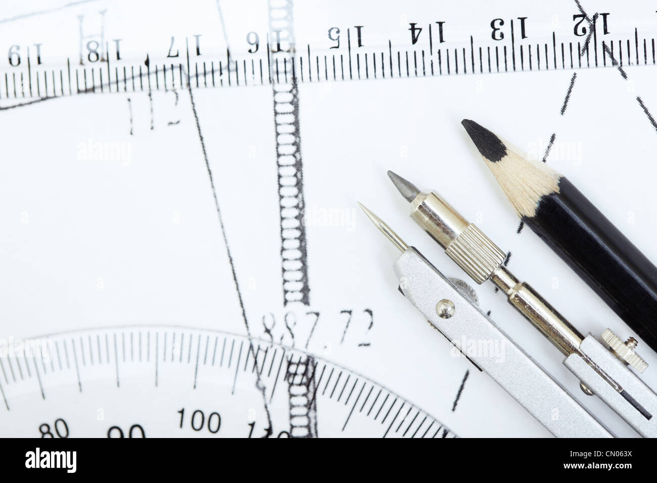 Scheme with compasses rulers and pencil. Close-up photo Stock Photo - Alamy
