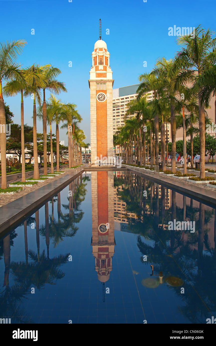 The ancient center of Hong Kong with an hour tower and pool Stock Photo ...