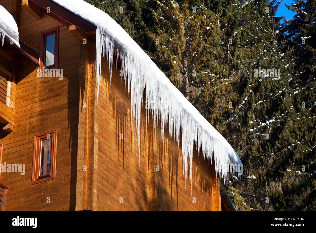 Huge icicles on the roof in Carpathians Mountains Stock Photo - Alamy