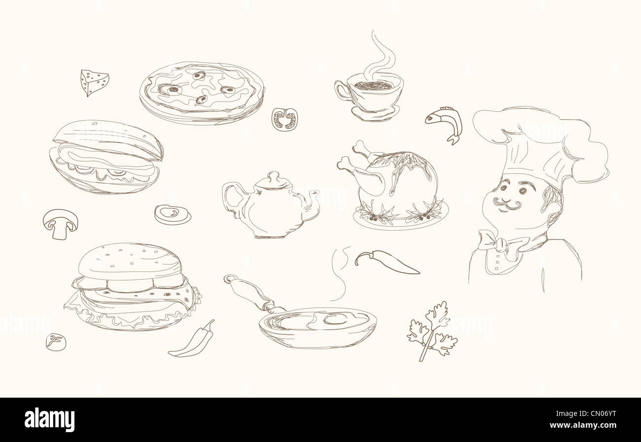 Food doodles with chef hi-res stock photography and images - Alamy