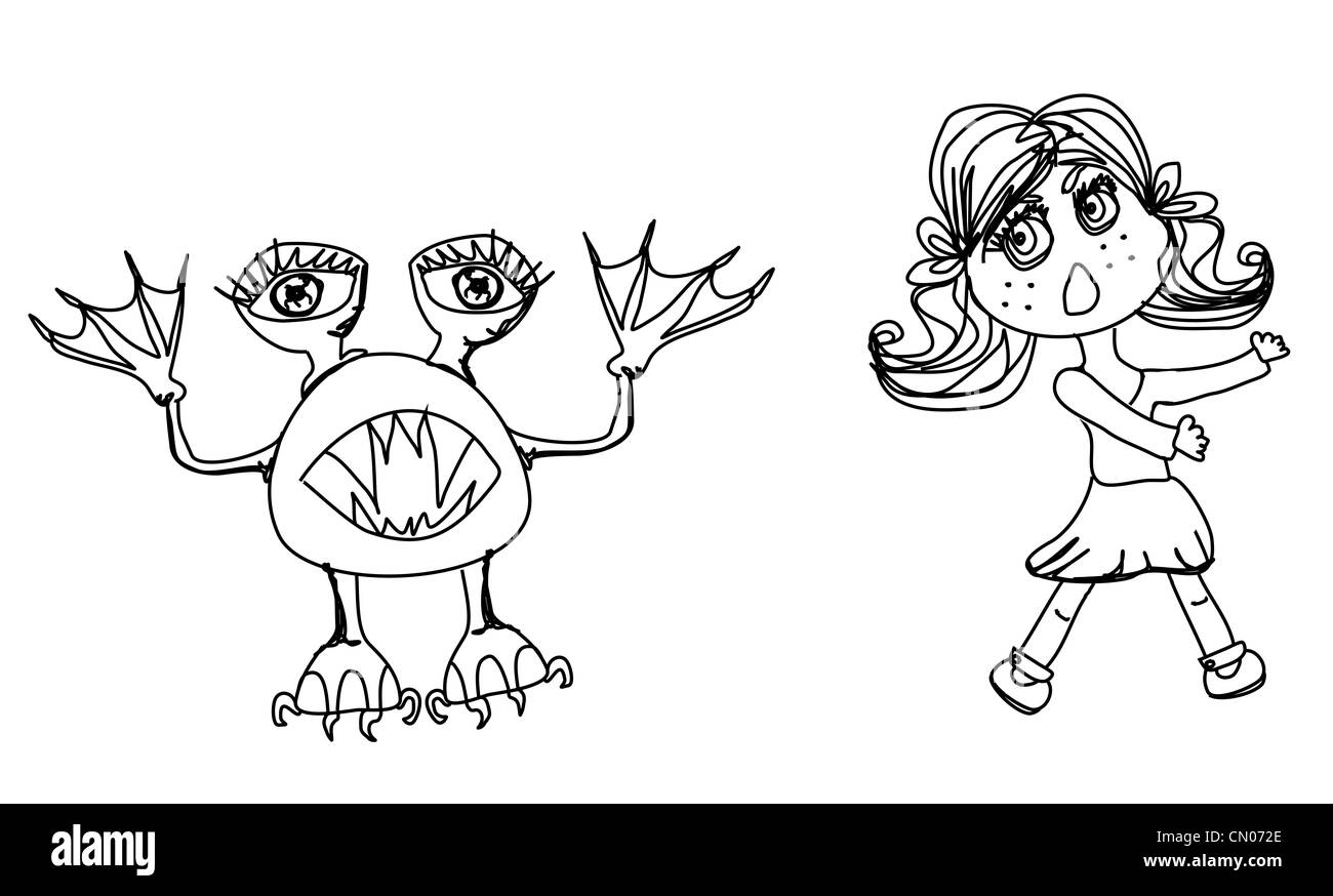 monster and scared girl doodle illustration Stock Photo - Alamy