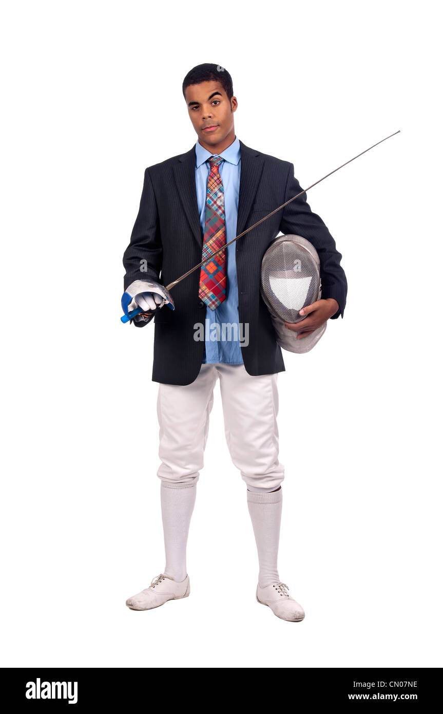 Male fencer businessman isolated in white background Stock Photo - Alamy