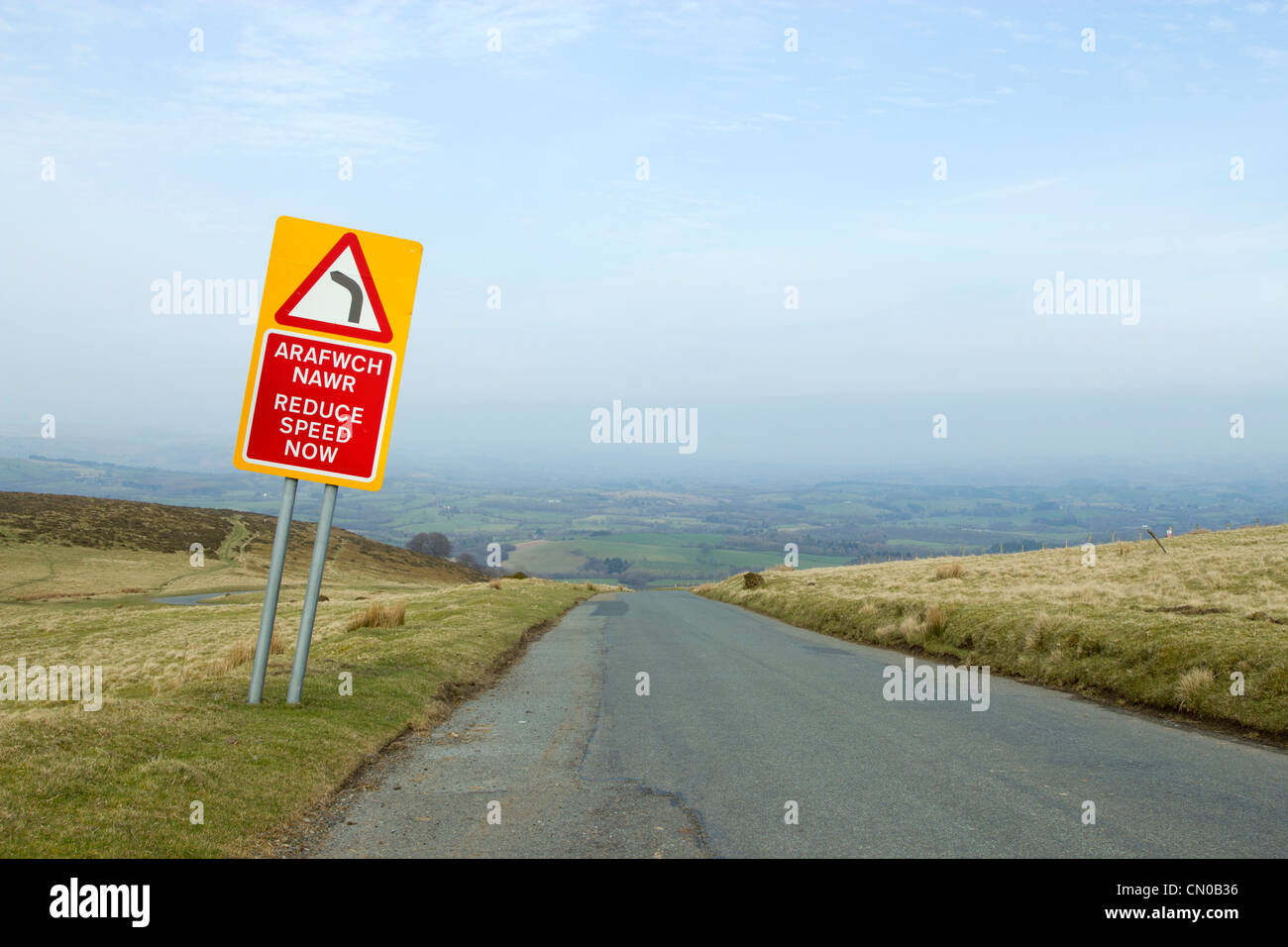 Arafwch Nawr, Reduce Speed Now road sign on a Welsh countryside road ...