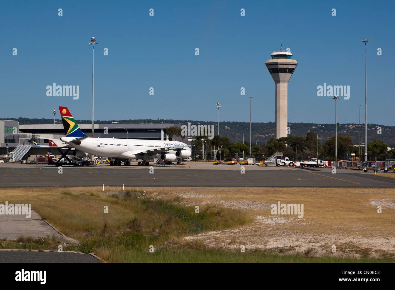 South Africa Airlines parked at Perth Airport Australia with control ...