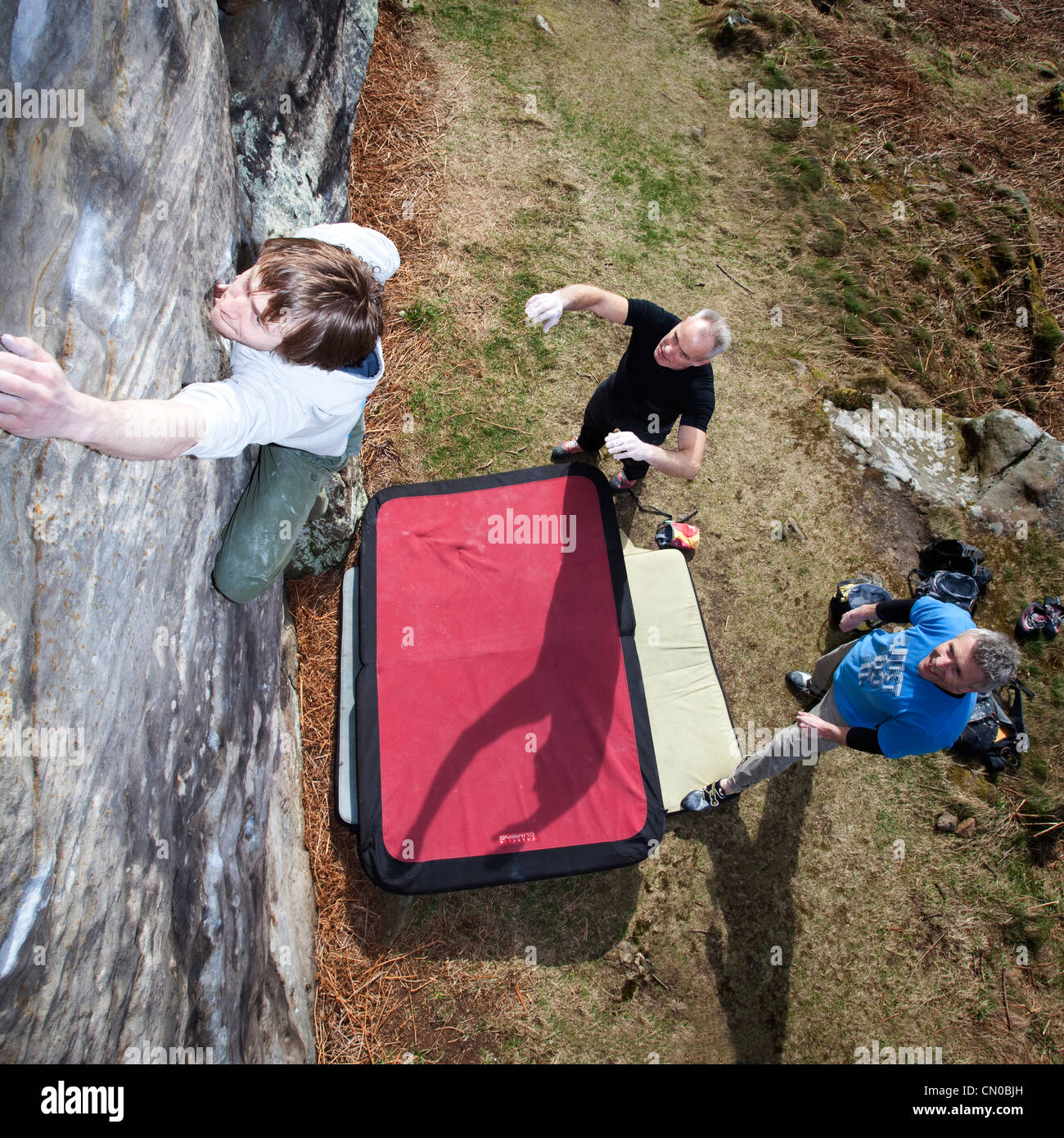Climber bouldering at Back Bowden Doors, Nr. Belford, Northumberland ...