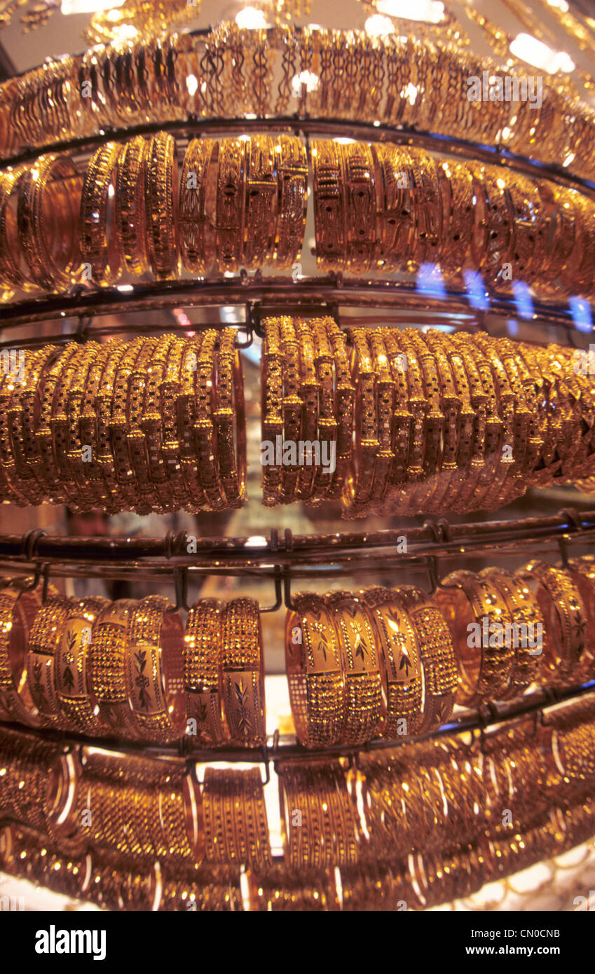 United Arab Emirates, Middle East, Dubai, Gold jewellry in a shop ...