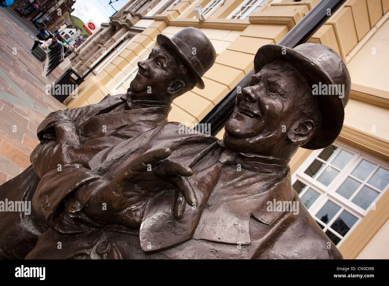 UK, England, Cumbria, Ulverston, Statue of Stan Laurel and Oliver Hardy ...
