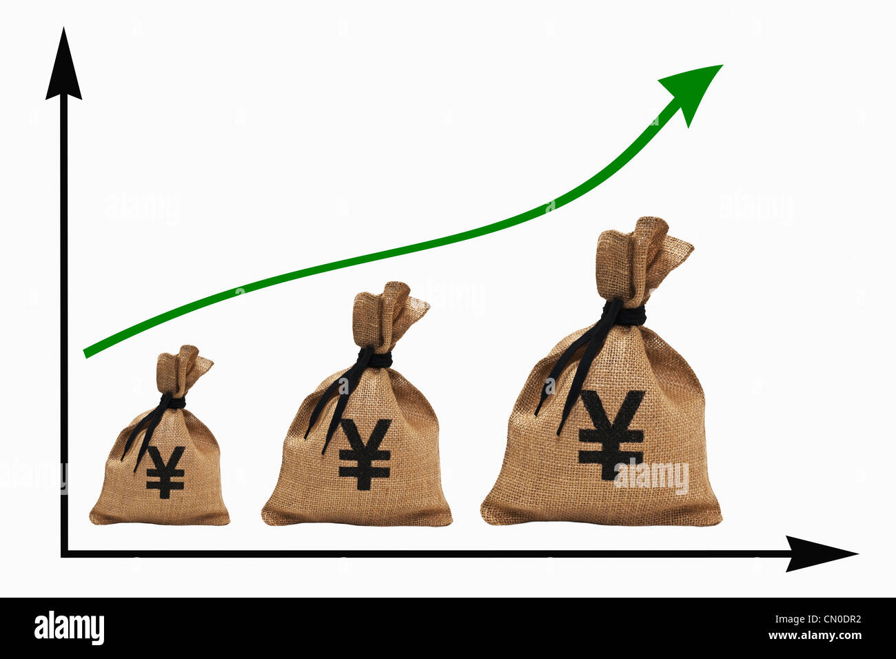 a chart with an increasing curve, three different big money bags with ...