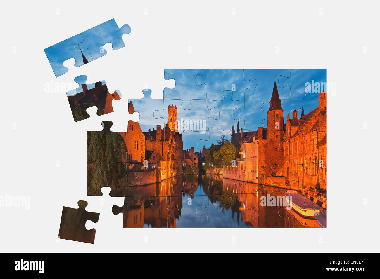 Puzzle: View from Rozenhoedkaai via the Reie river to Belfry, Bruges ...