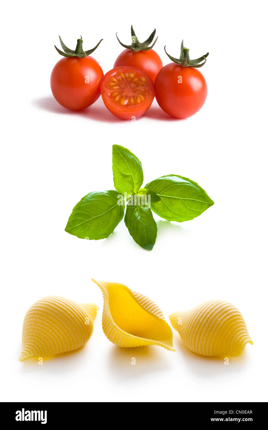 conchiglioni pasta shells, tomatoes and basil leaves isolated Stock ...