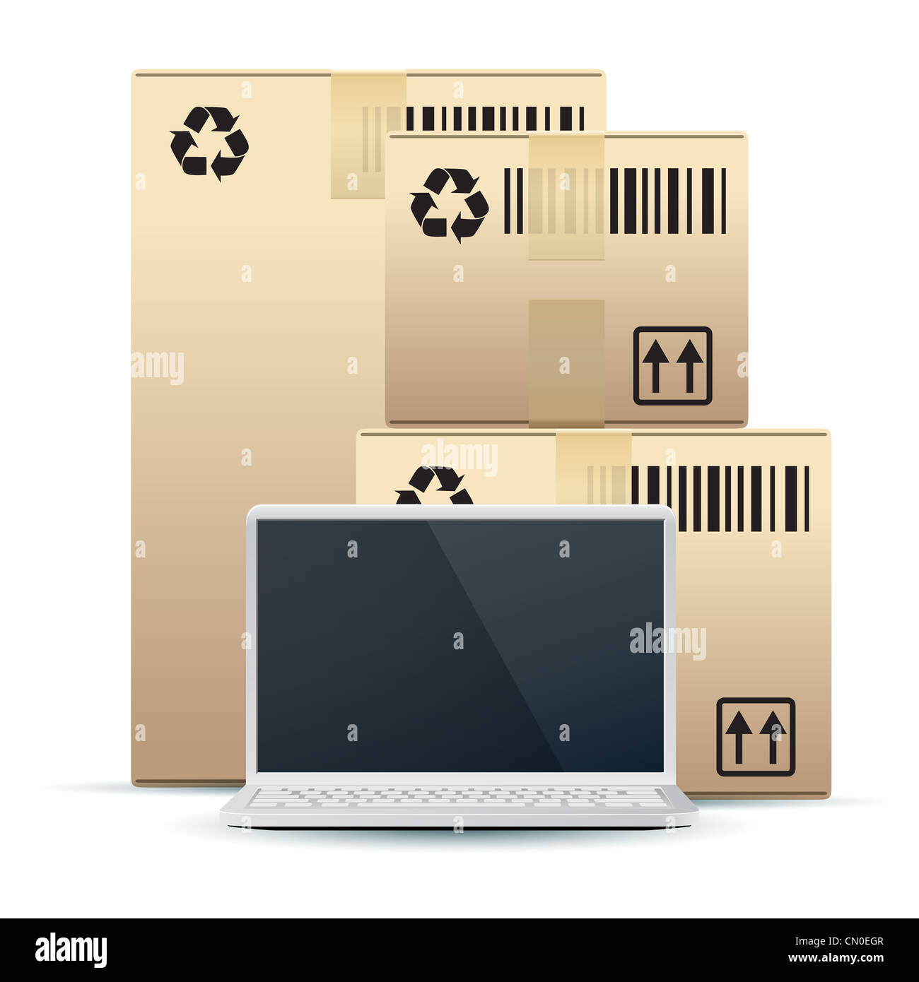 Laptop with Cardboard Boxes Isolated on White Background Stock Photo ...