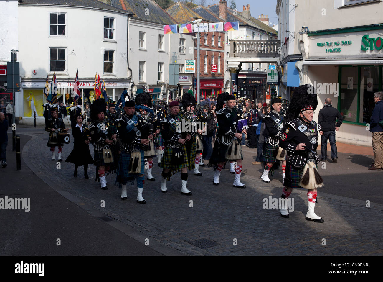 Pipers play as the parade moves through Falmouth town centre for the St ...