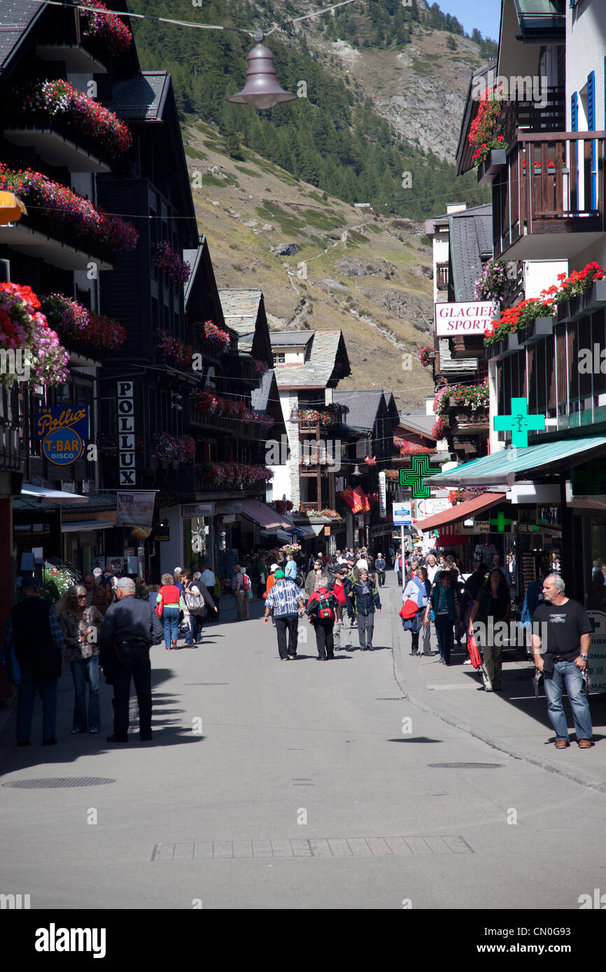 Switzerland, Upper Valais, Zermatt, the main street with chalets and ...