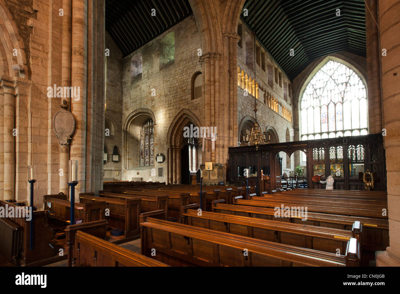 UK, Cumbria, Cartmel Priory interior, choir and renaissance rood screen ...
