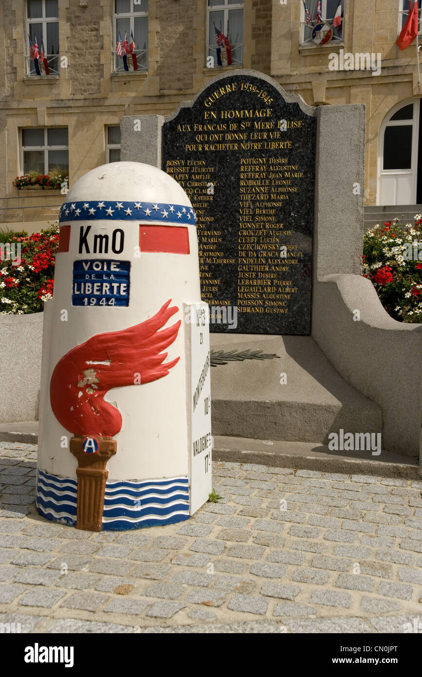 Kilometer zero marker stone and memorial to 22 civilians of the town ...
