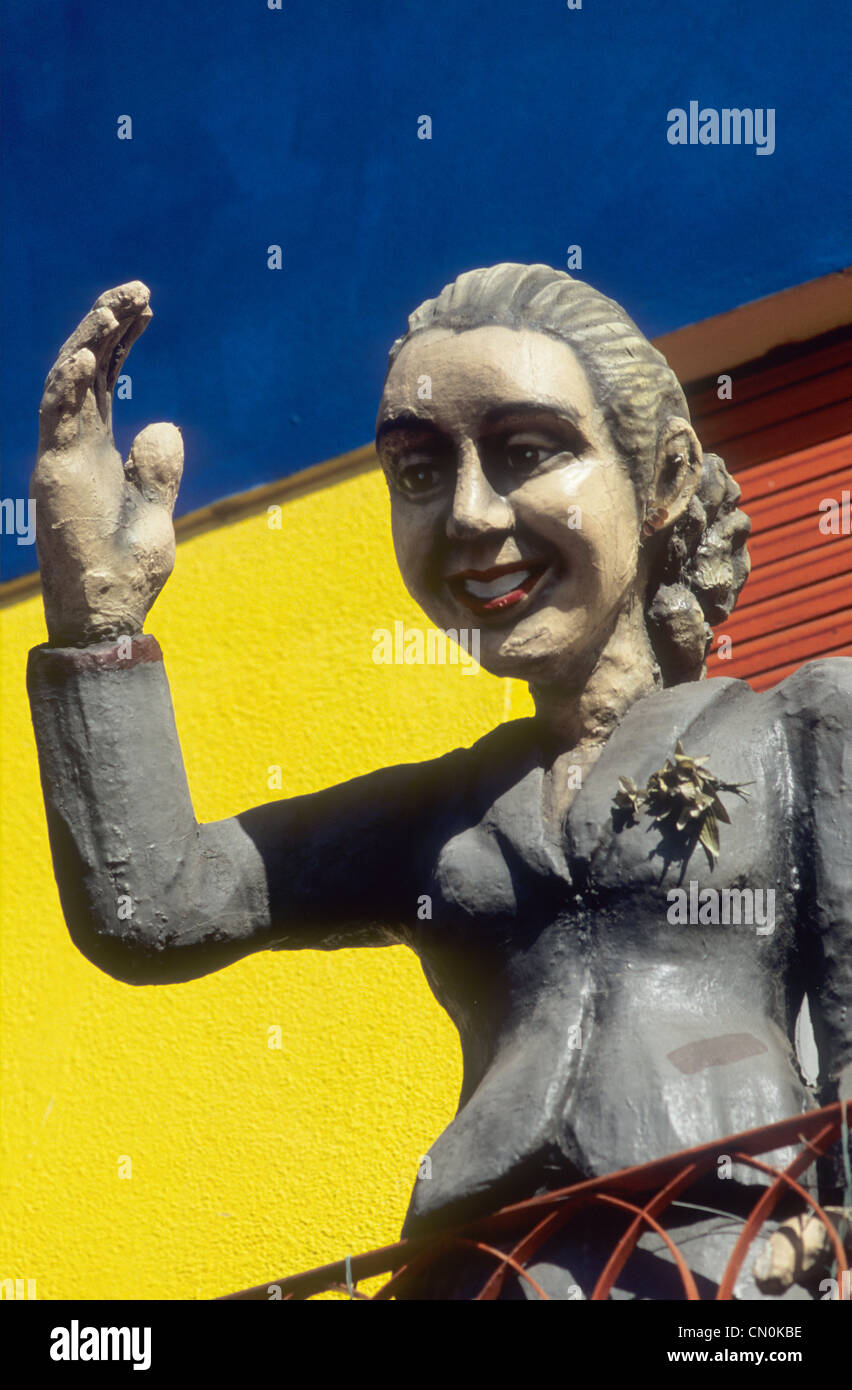 Argentina, Buenos Aires, La Boca, model of Eva Peron looking out of ...