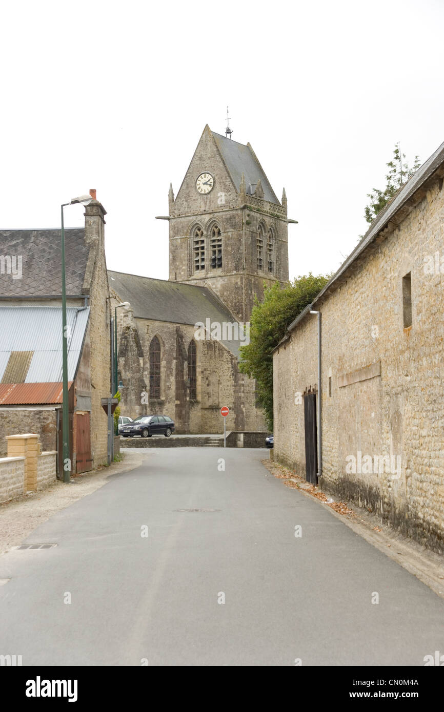 Sainte Mere Eglise in Normandy with an effigy of John Steele on the ...