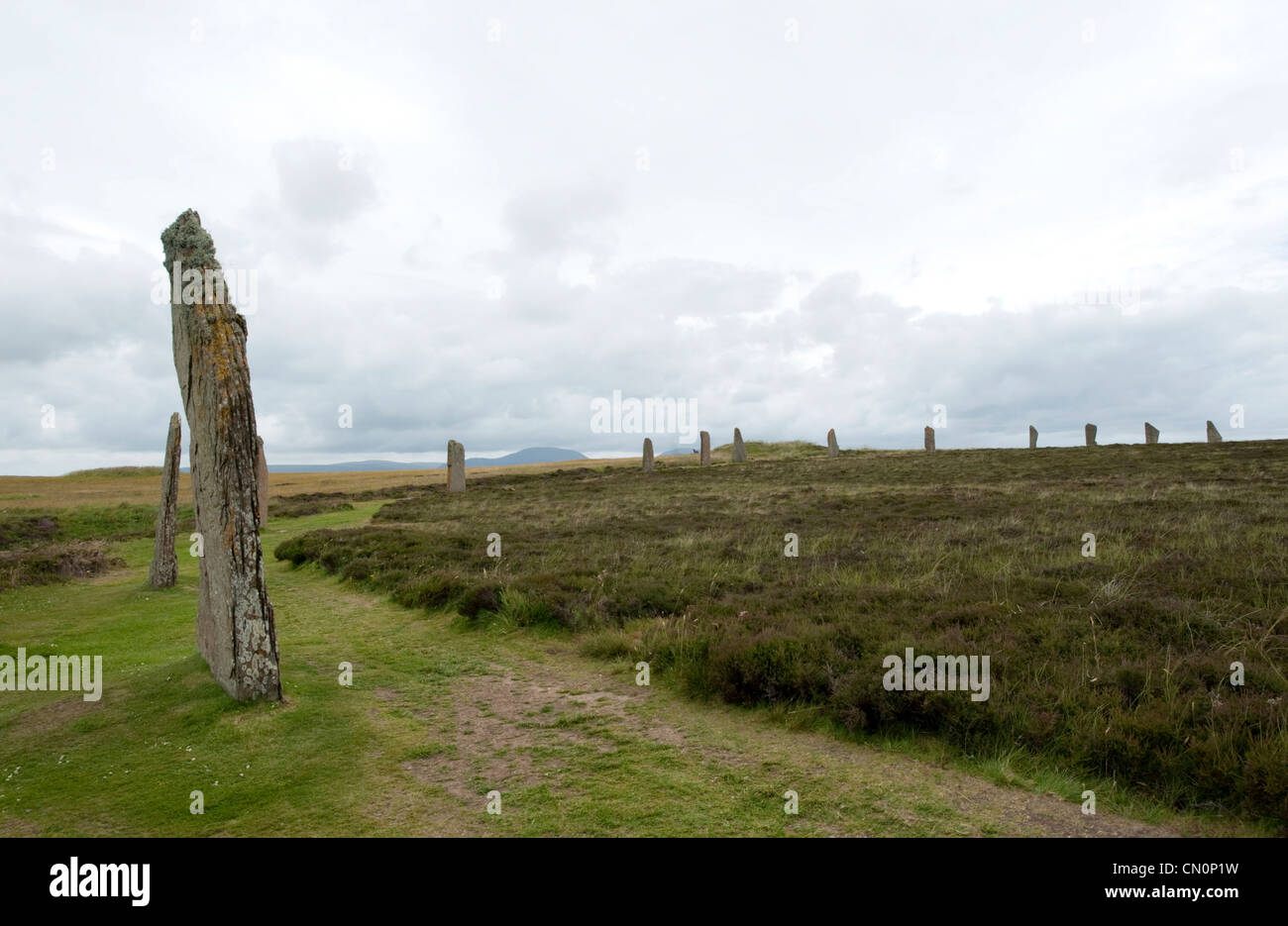 A stone in the Neolithic henge circle of Ring of Brodgar on the Orkney ...