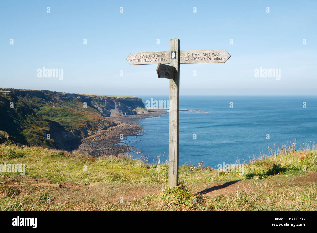 Cleveland Way coastal footpath sign between Kettleness and Sandsend ...