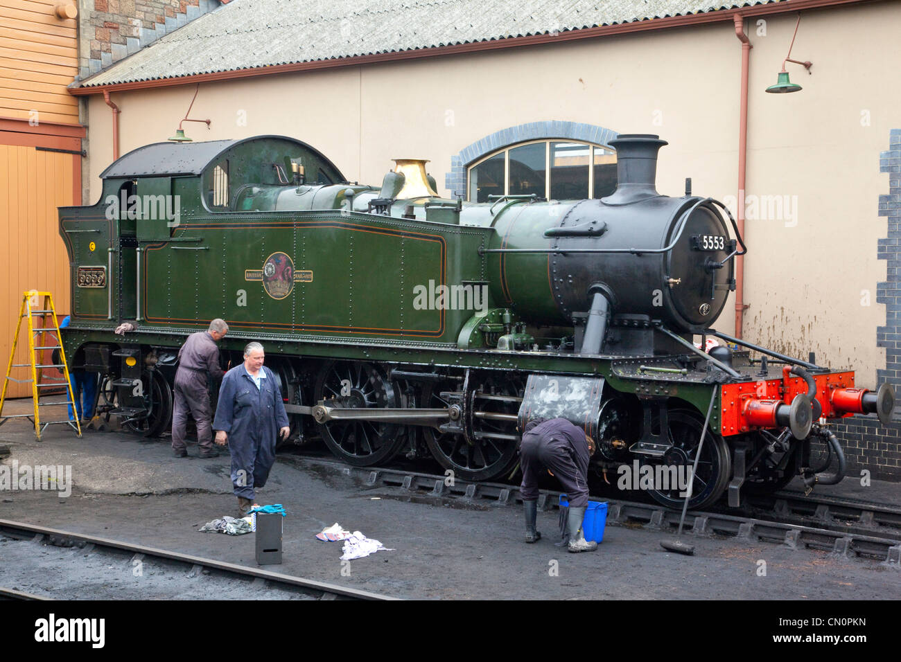 Cleaning 5553 2-6-2 Pannier Tank locomotive in British Railways livery ...