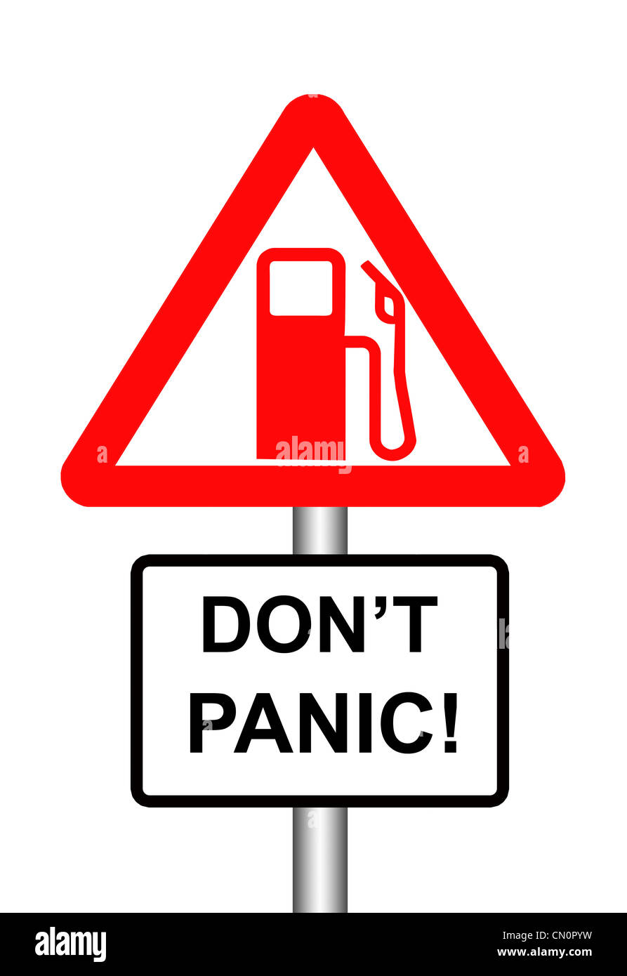 Petrol pump on road sign. Fuel shortage, panic buying, HGV driver shortage, fuel, petrol prices ...