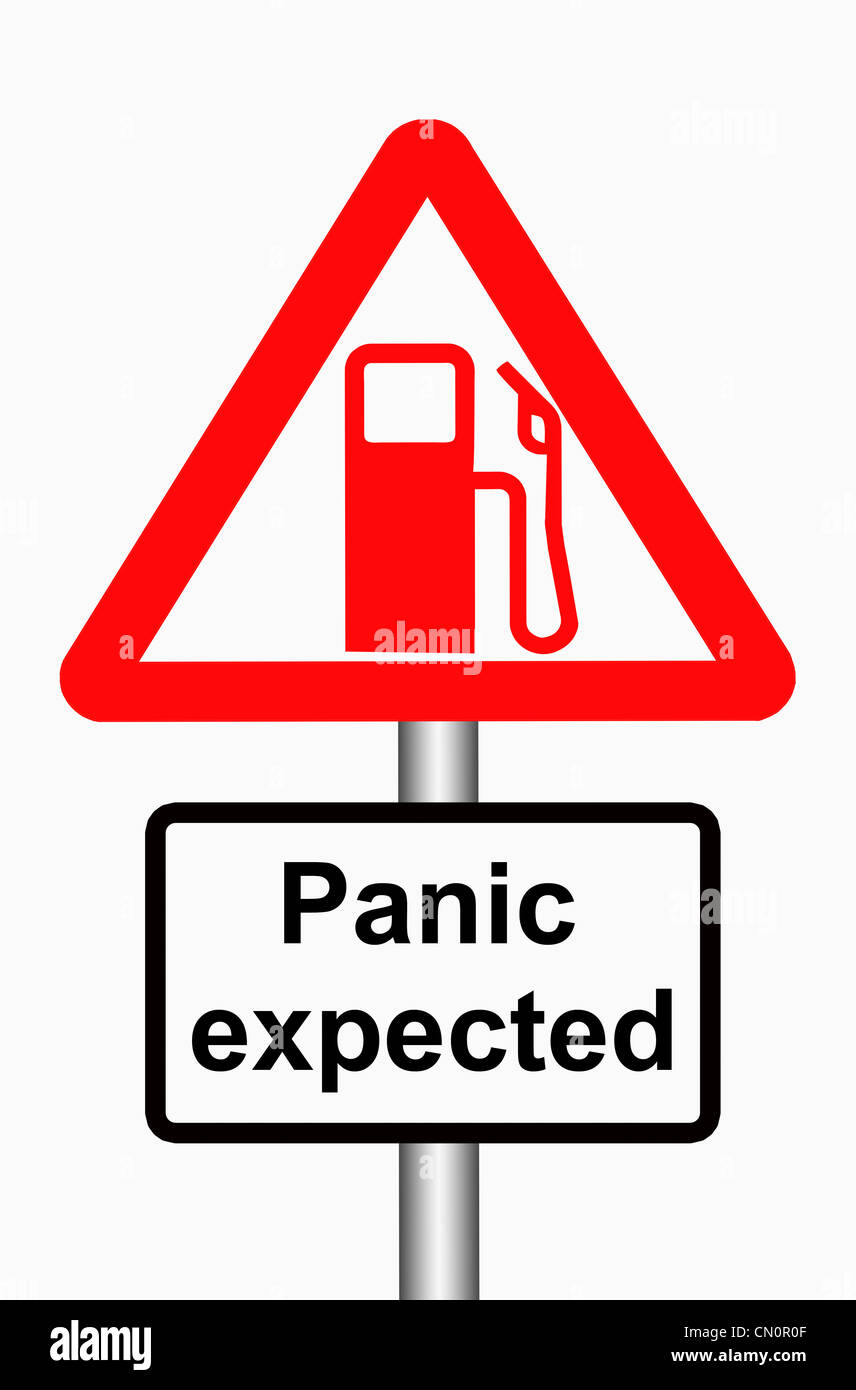 Petrol pump on road sign. Fuel shortage, panic buying, HGV driver ...