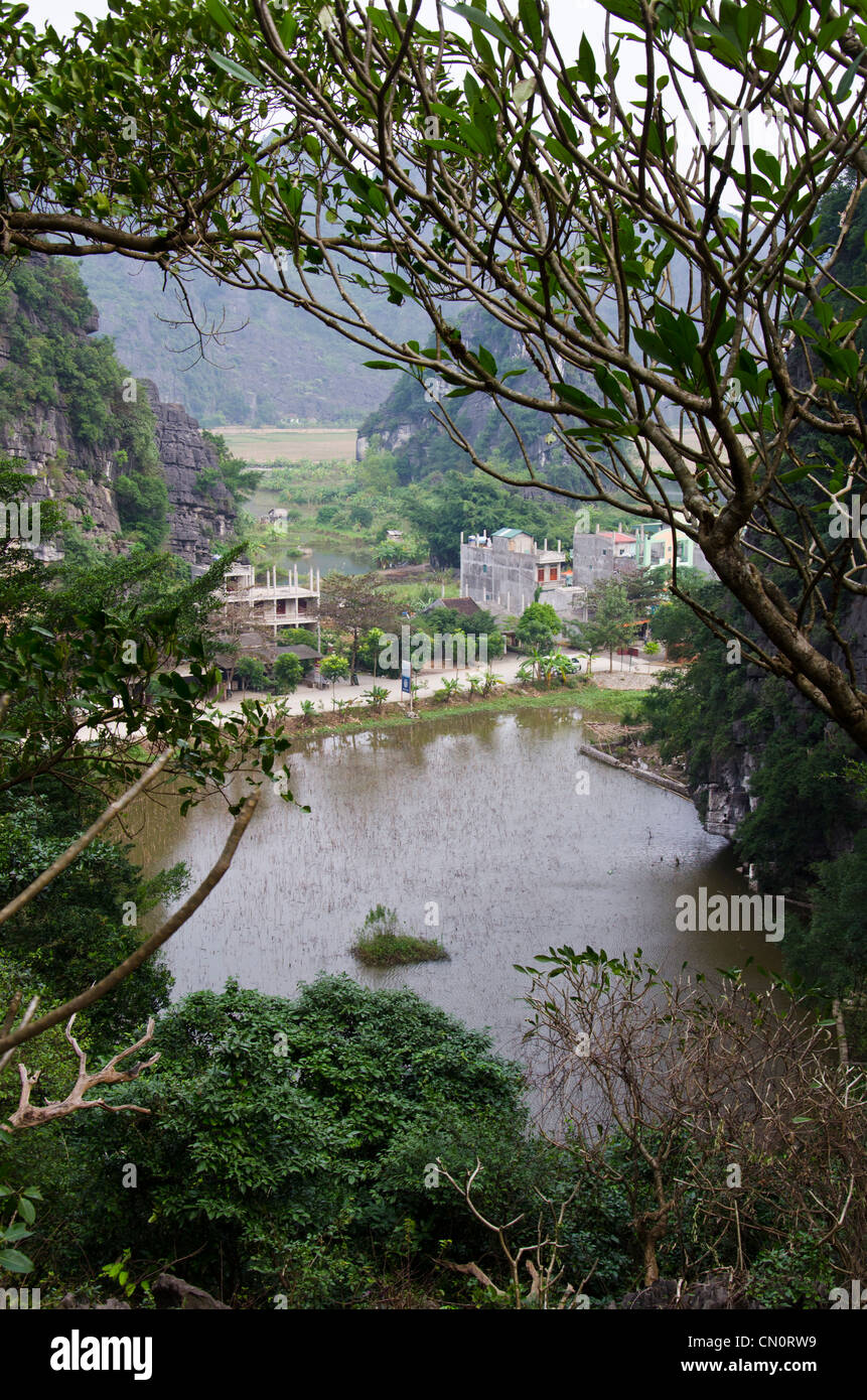 Landscape from Bich Dong pagoda towards Bich dong village. Trees in ...