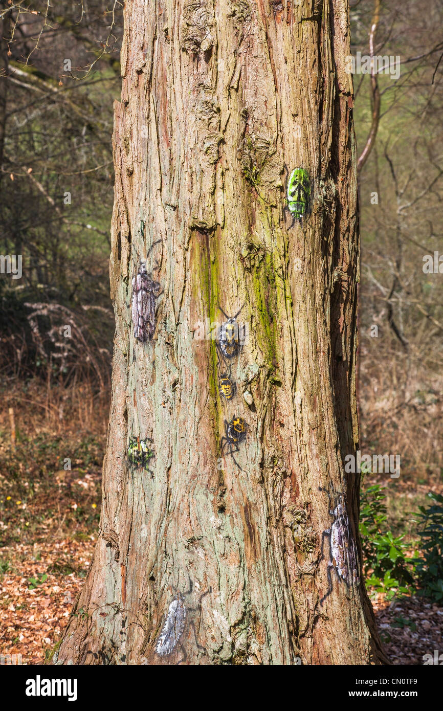 Rotting tree trunks with pictures of beetles and other insects painted ...