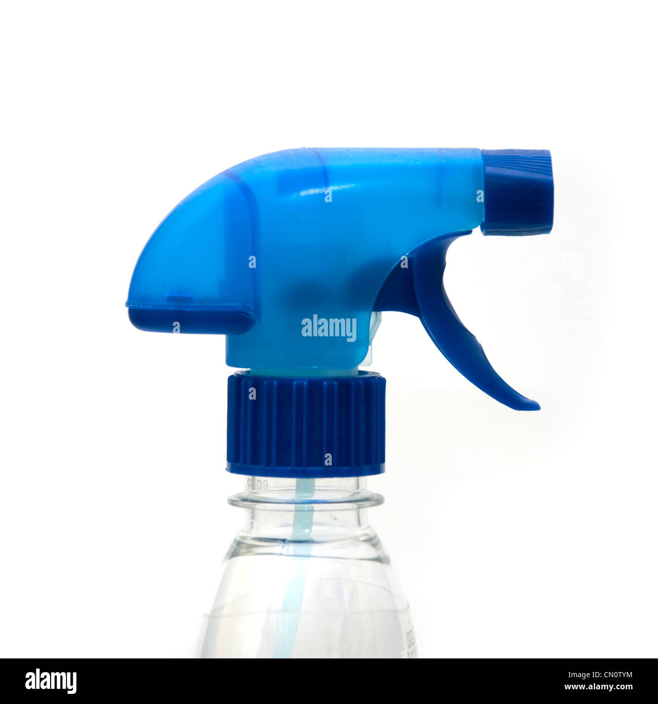 Blue spray bottle detail over a white background Stock Photo - Alamy