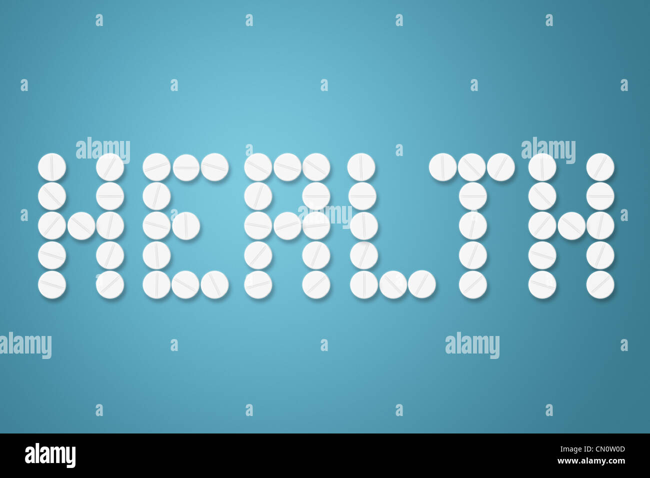 Medical tablets spelling a word Health over a blue and clean background ...