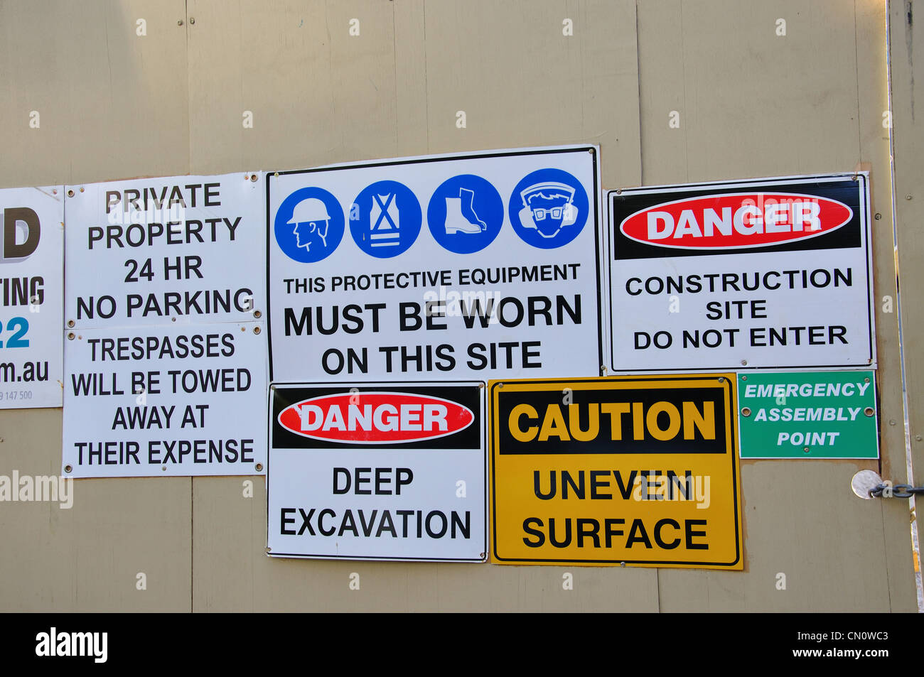 Safety signs on wall of building site, Quay Street, Haymarket, Sydney ...