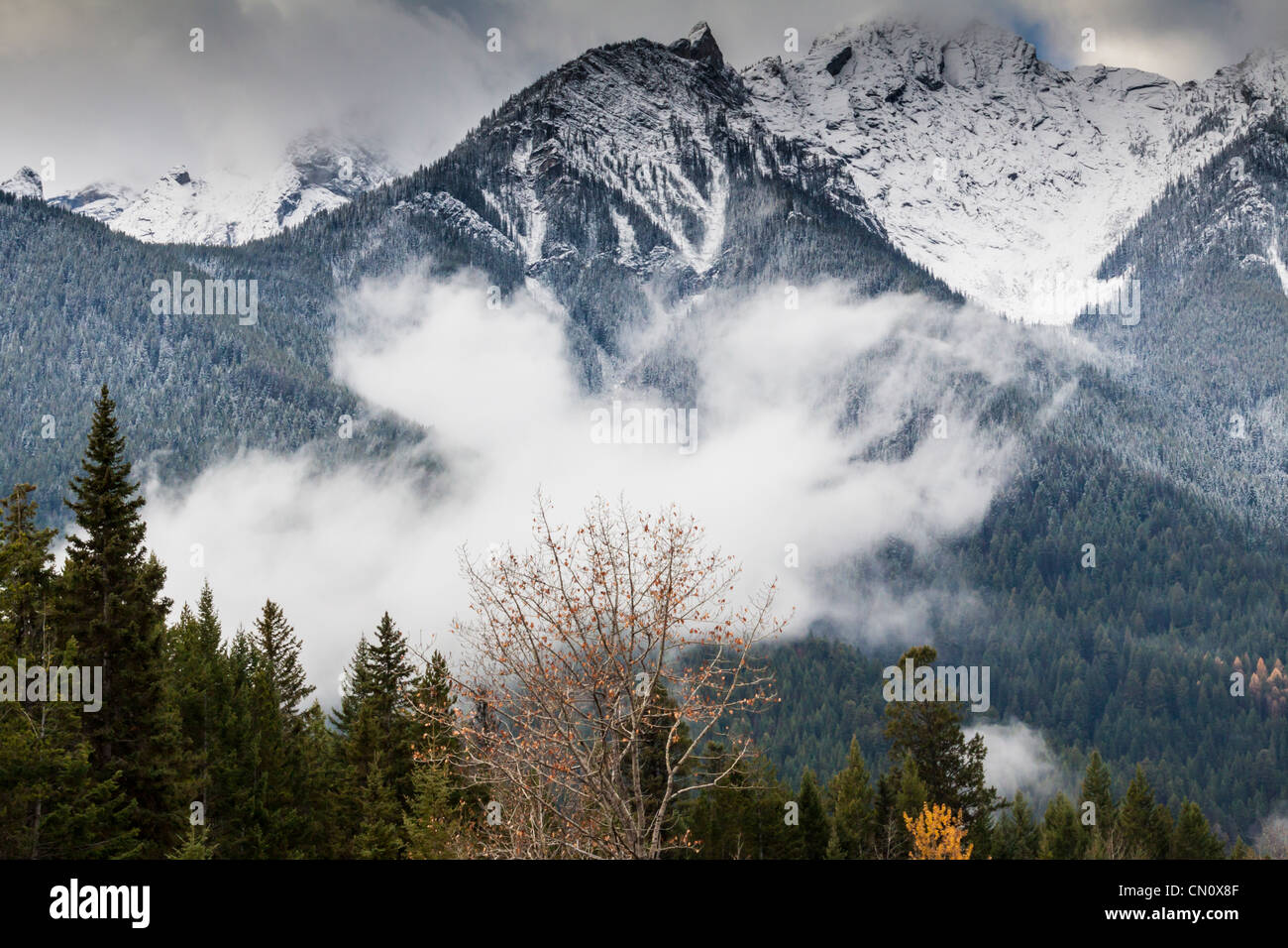 Snow-covered mountains in late October in Kootenay National Park in ...