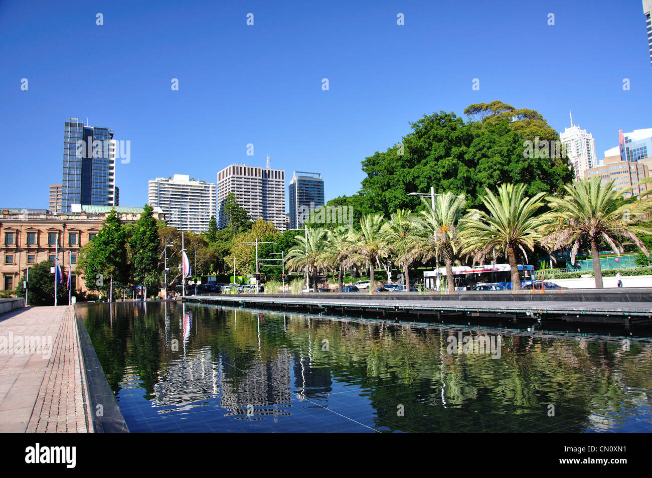 Central Business District reflected in fountain, Hyde Park, Sydney, New ...