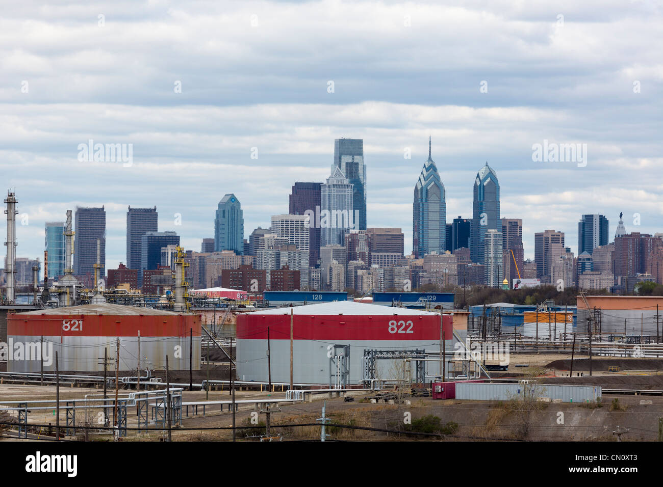 view of Philadelphia, Pennsylvania, USA, with tanks of Sunoco oil ...
