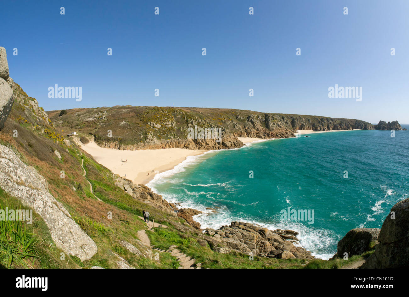 On the cliff path to Porthcurno beach. Wide angle view of the beaches ...