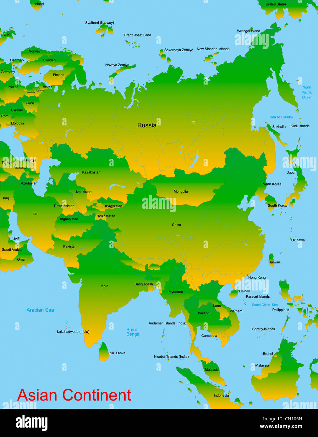 Detailed vector map of asian continent Stock Photo - Alamy