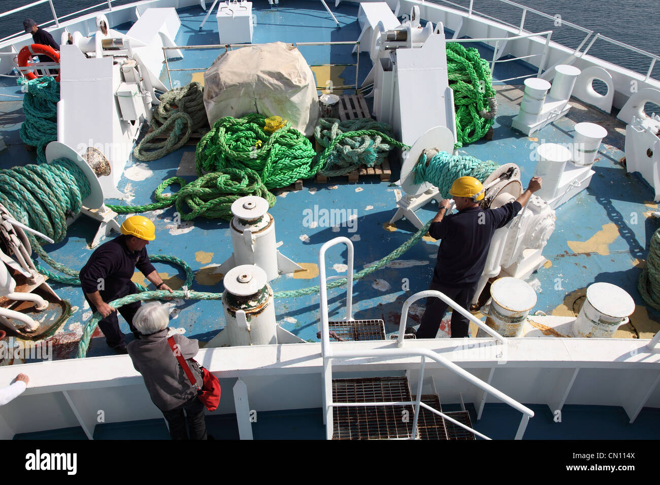 Deckhands working on board the Gozo Channel Line ferry Malita bound for ...