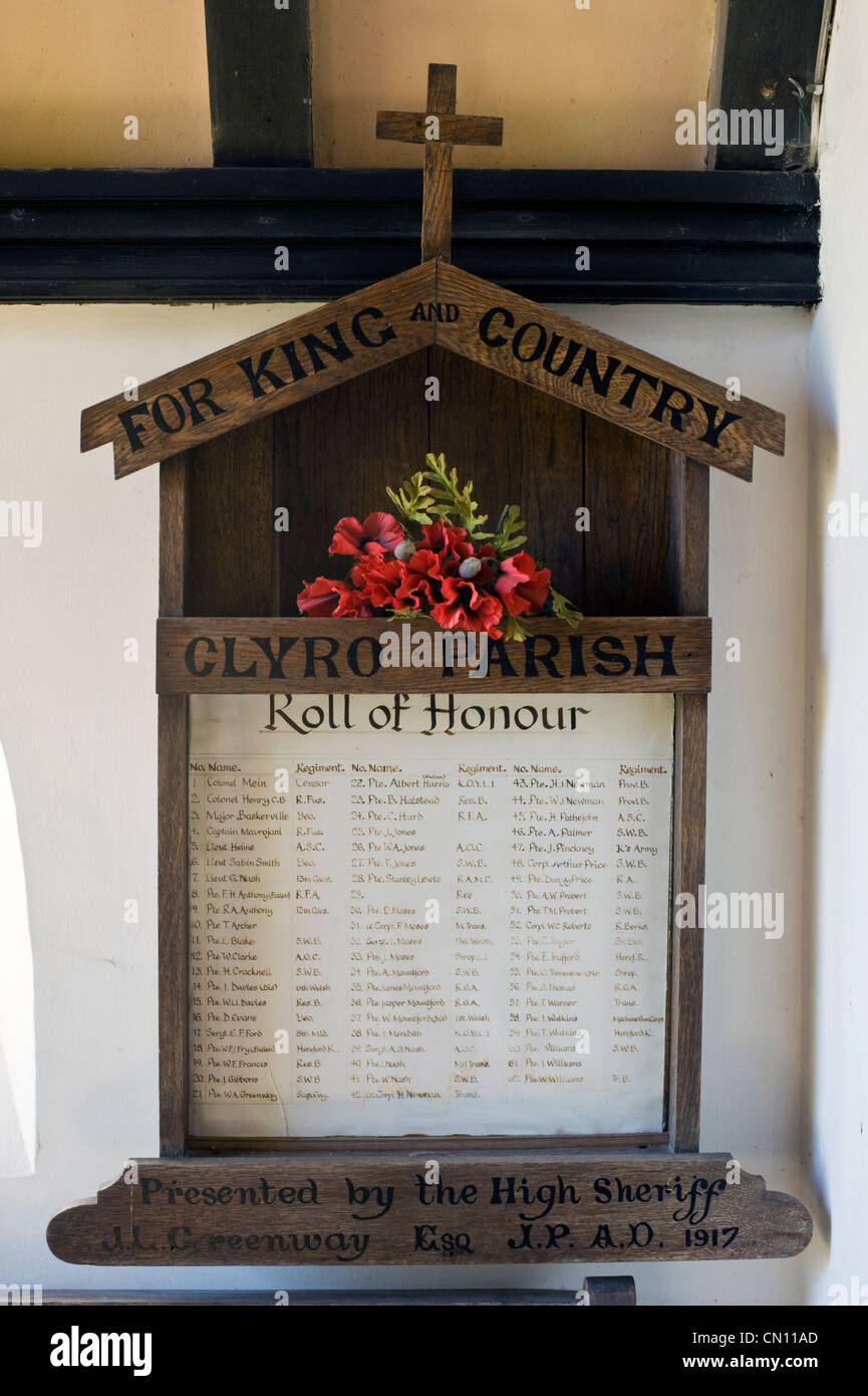 ROLL OF HONOUR for KING AND COUNTRY 1914 1918 war in porch of Clyro ...
