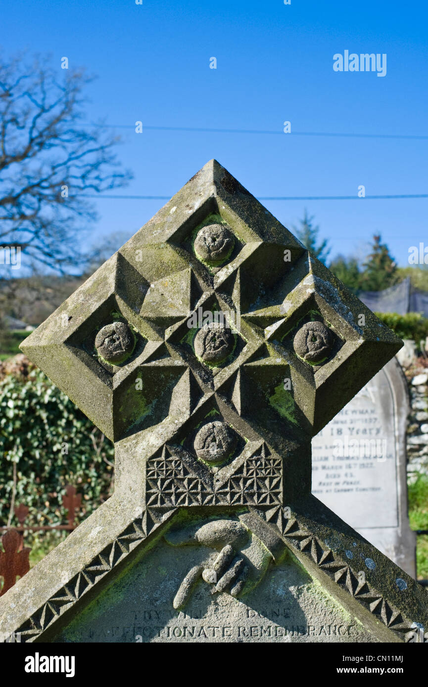 Gravestone with finger pointing in graveyard of Clyro Church Powys ...