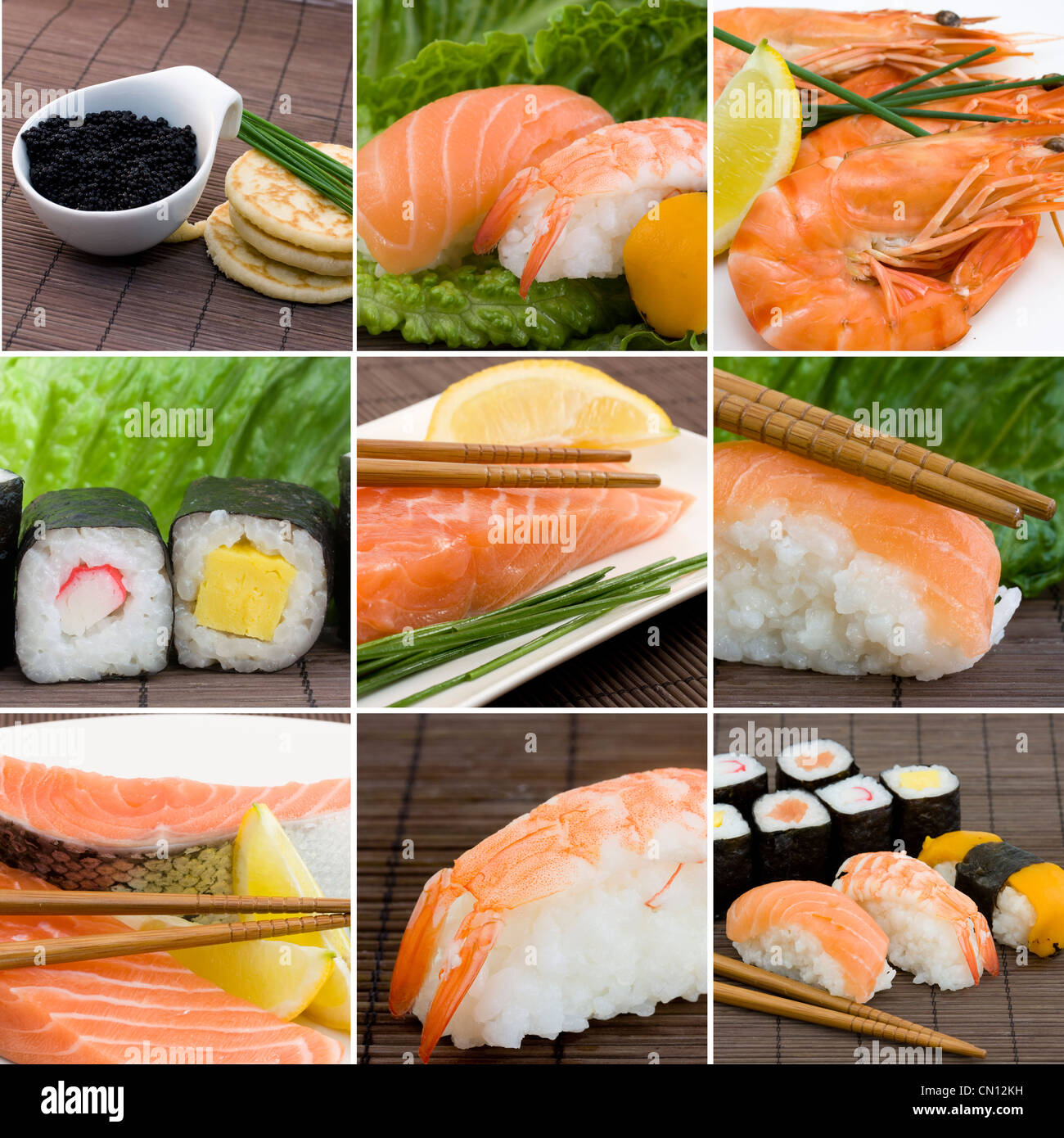 collage photo of seafood, sushi, salmon and shrimps Stock Photo - Alamy