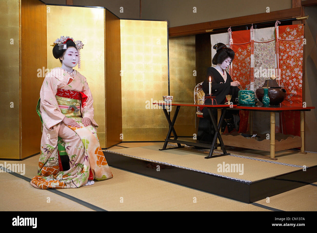The tea ceremony at The Kamishichiken Kaburenjo Theater, where geisha ...