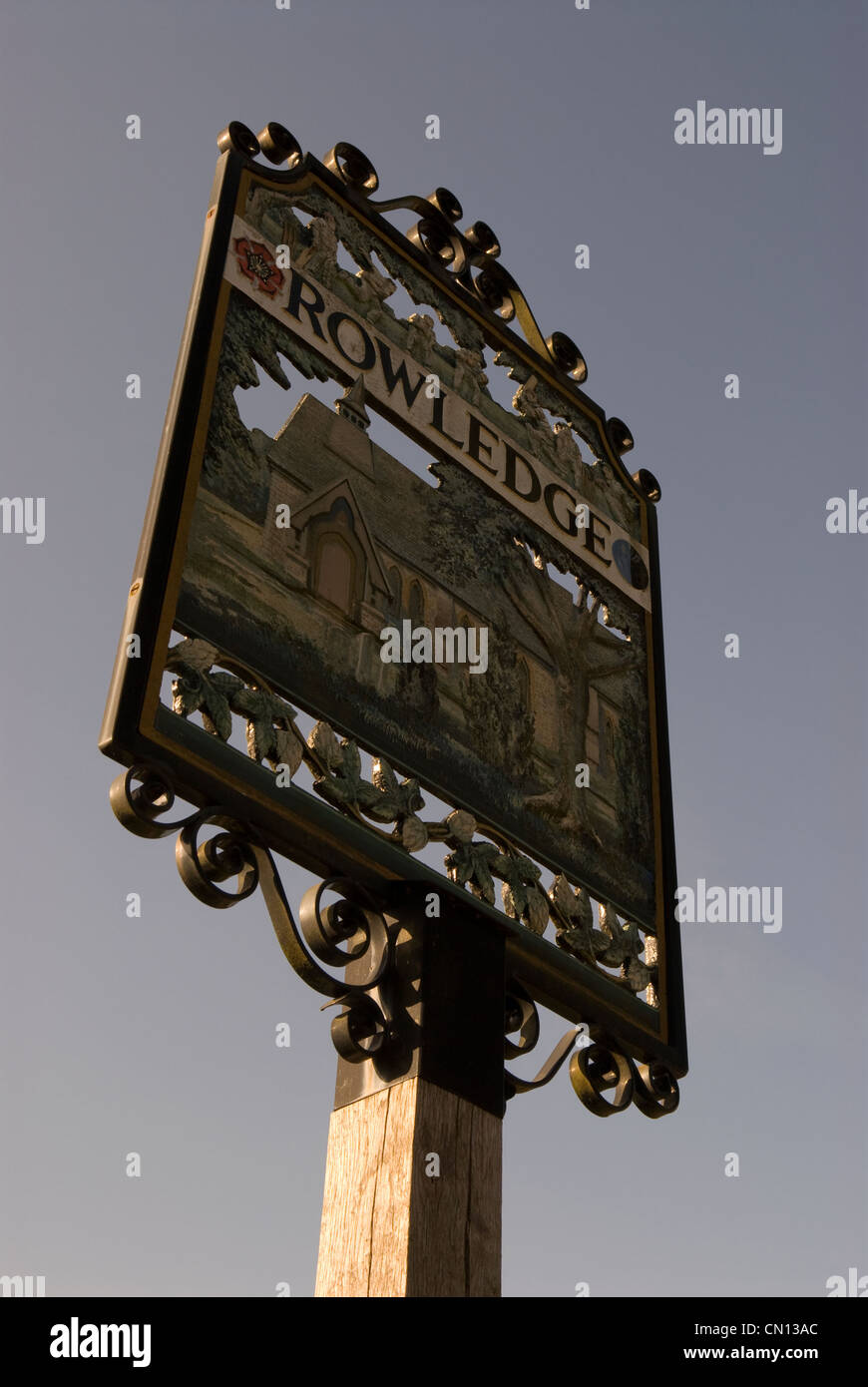 Traditional sign for the village of Rowledge on the Hampshire/Surrey ...