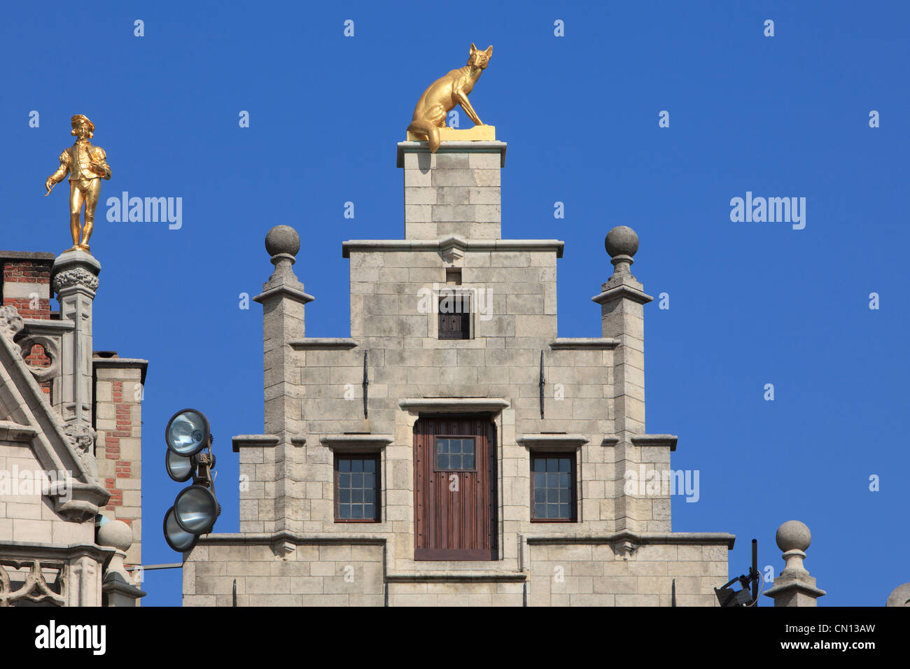 Gilded statue of a fox on top of a former guildhall at the Market Place ...