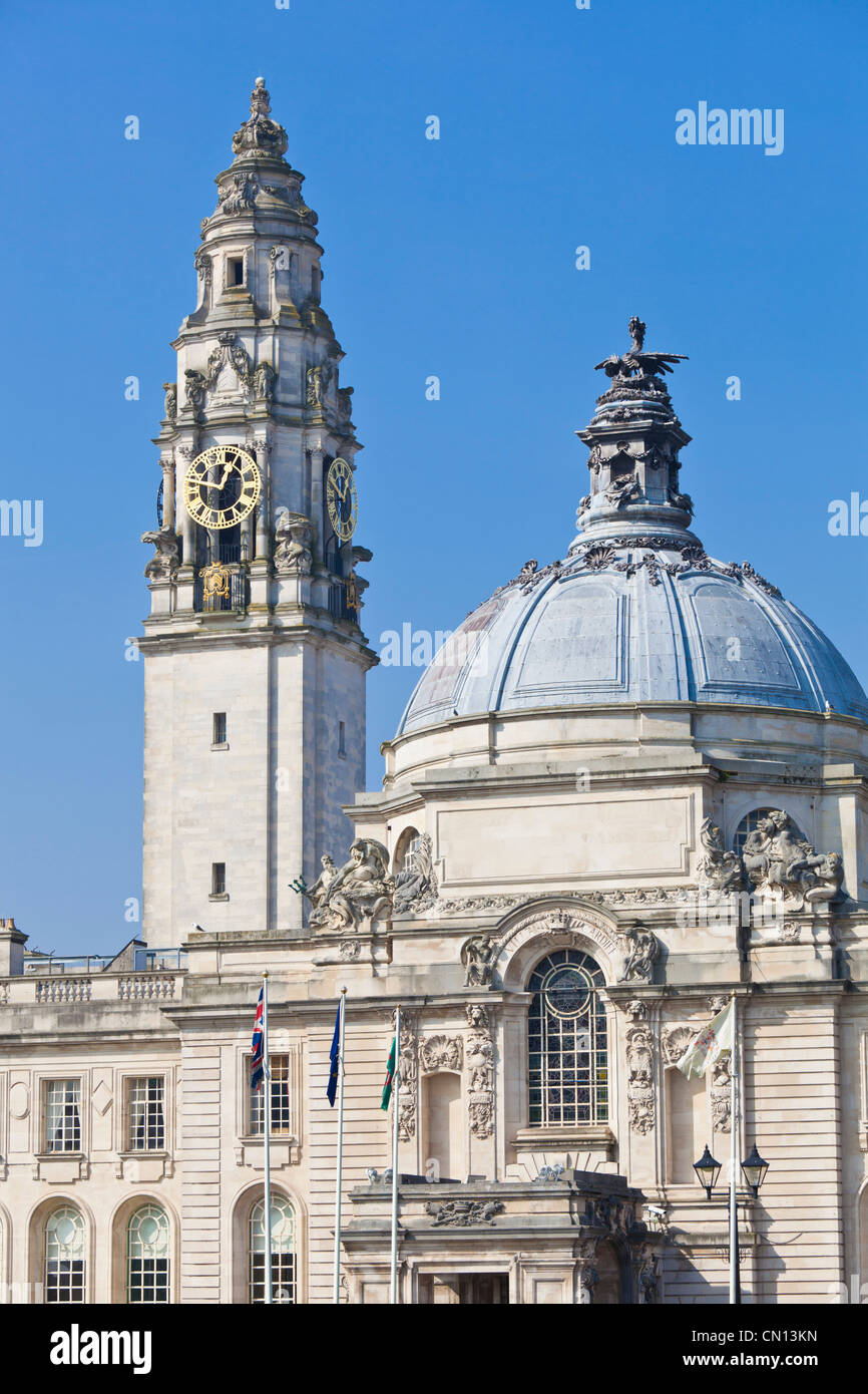 Front facade of the City Hall and clock tower Cardiff Glamorgan South ...