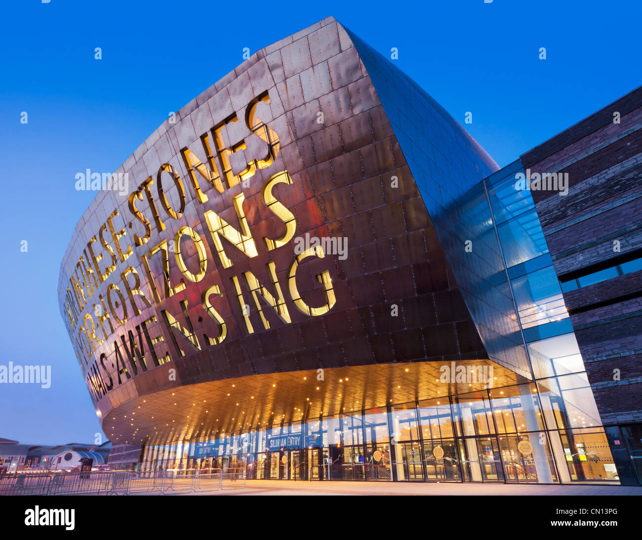 Wales Millennium Centre illuminated at night Cardiff Bay South ...