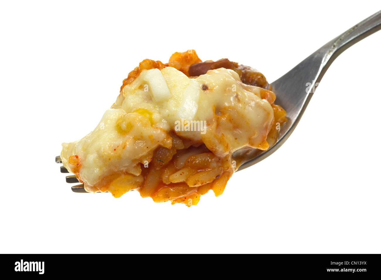 Fork with rice and beans with cheese and sour cream Stock Photo - Alamy